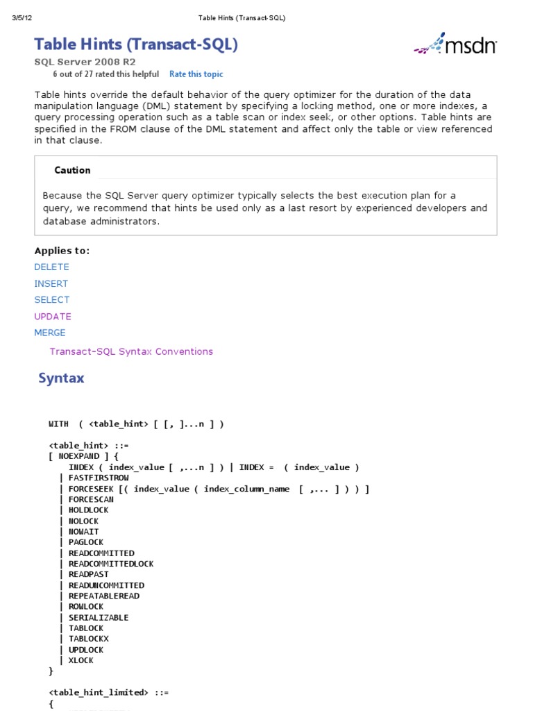 Table Hints SQL | PDF | Database Index | Database Transaction