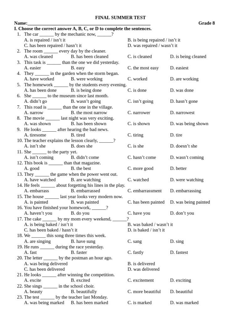Grade 8.Final Summer Test | PDF