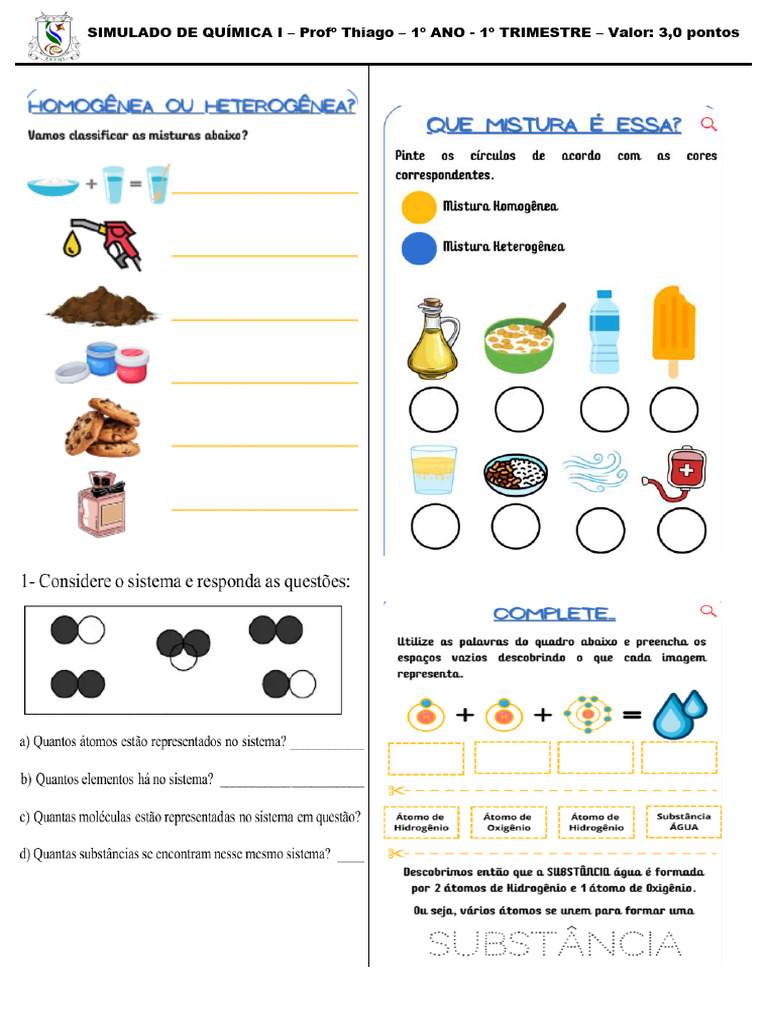 1º Ano Simulado Adaptado De Química I 1º Trimestre Nota 1 Pdf