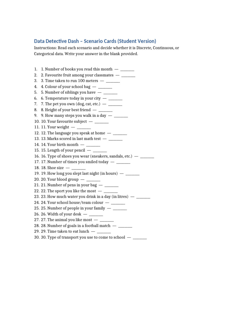 Data Detective Dash Scenario Cards Student Version | PDF