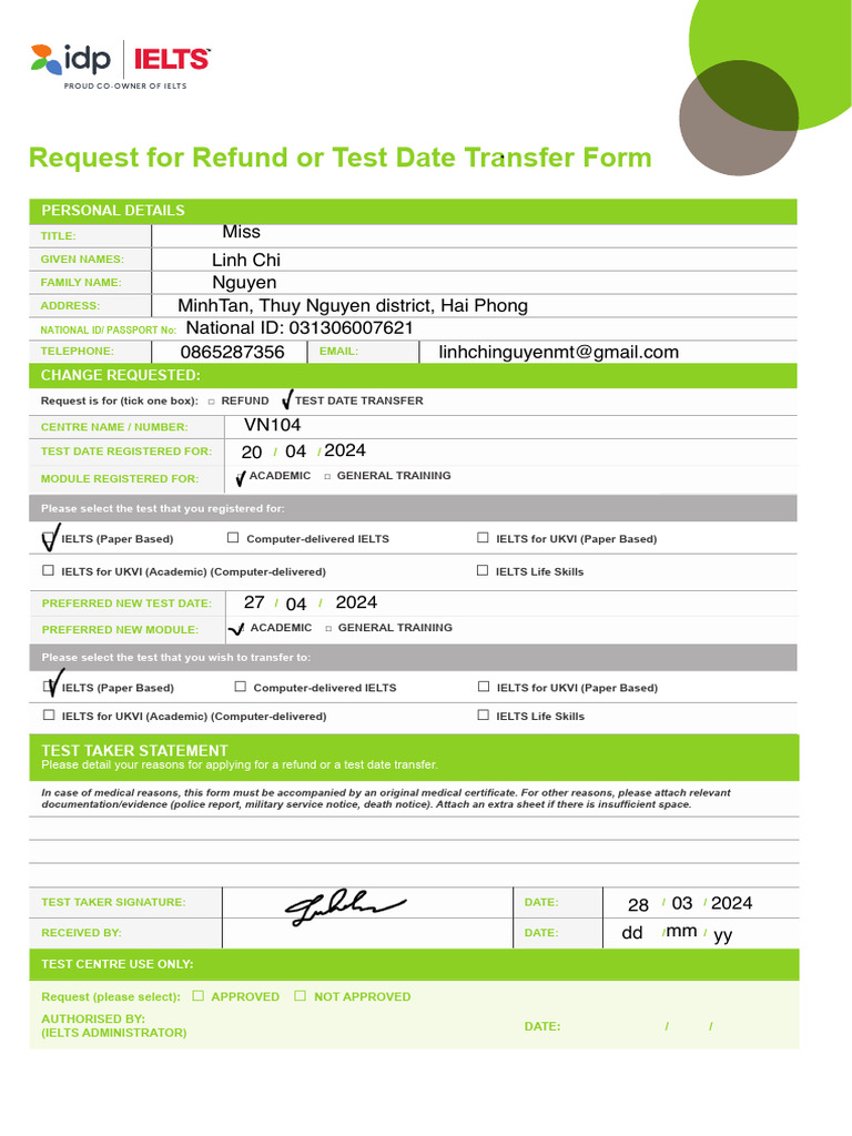Refund/Test Date Transfer Request | PDF
