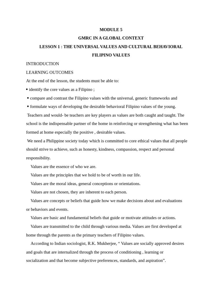 Module 5 GMRC in A GLOBAL CONTEXT Lesson Materials PDF | PDF | Value (Ethics) | Motivation