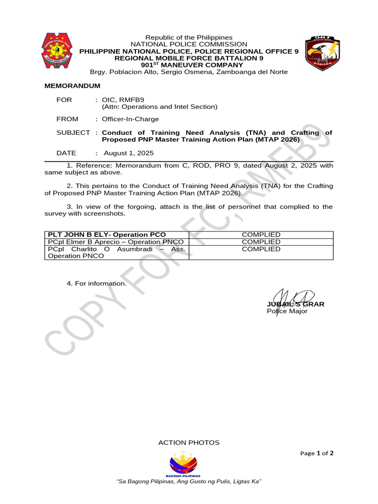 Action Take Re Conduct of Training Need Analysis (TNA) and Crafting of ...