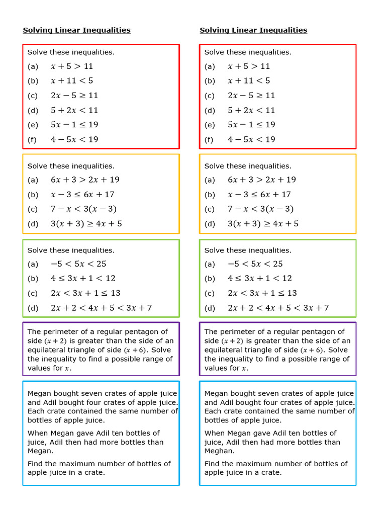 Solving Linear Inequalities Practice Strips | PDF