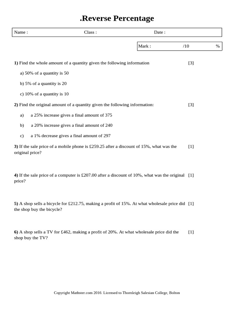 Reverse Percentage - 1 | PDF