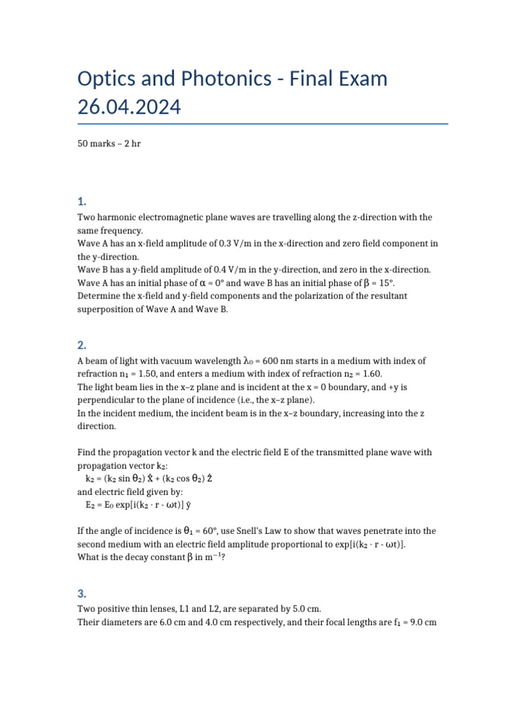 Optics and Photonics Final Exam | PDF | Waves | Optics