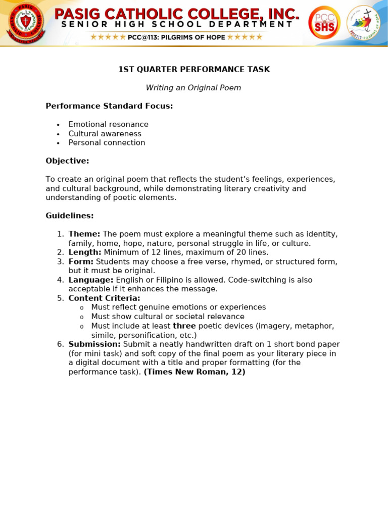 1st Quarter Performance Task Guidelines | PDF | Poetry | Poetic Devices
