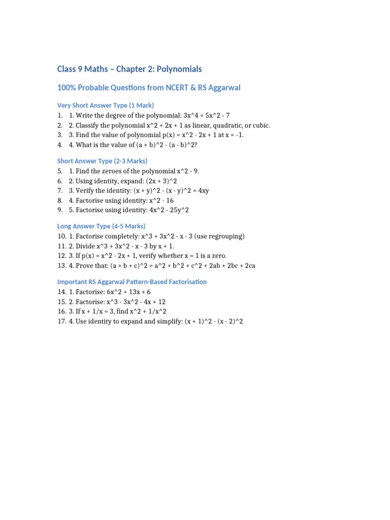 Chapter 2 Polynomials Questions Class9 | PDF