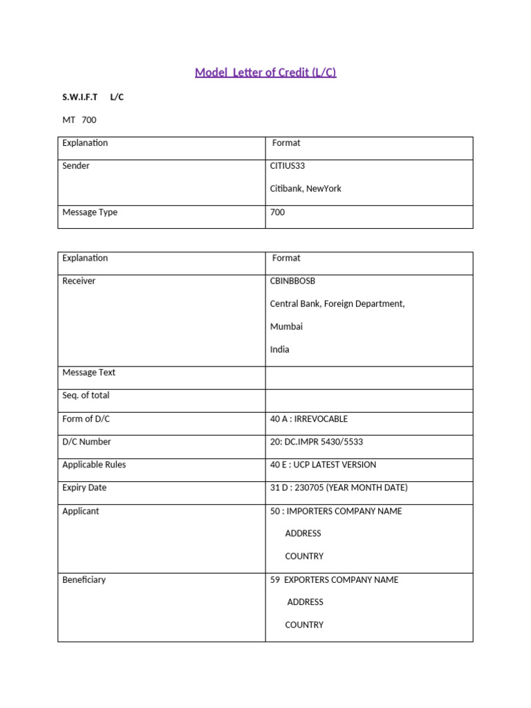 Model LC (Letter of Credit) | PDF | Letter Of Credit | Cargo