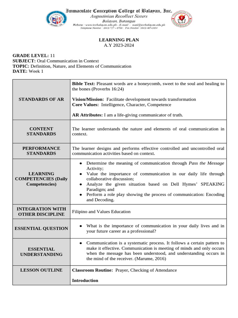 Lesson 1 - Definition, Nature, and Elements of Communication | PDF ...