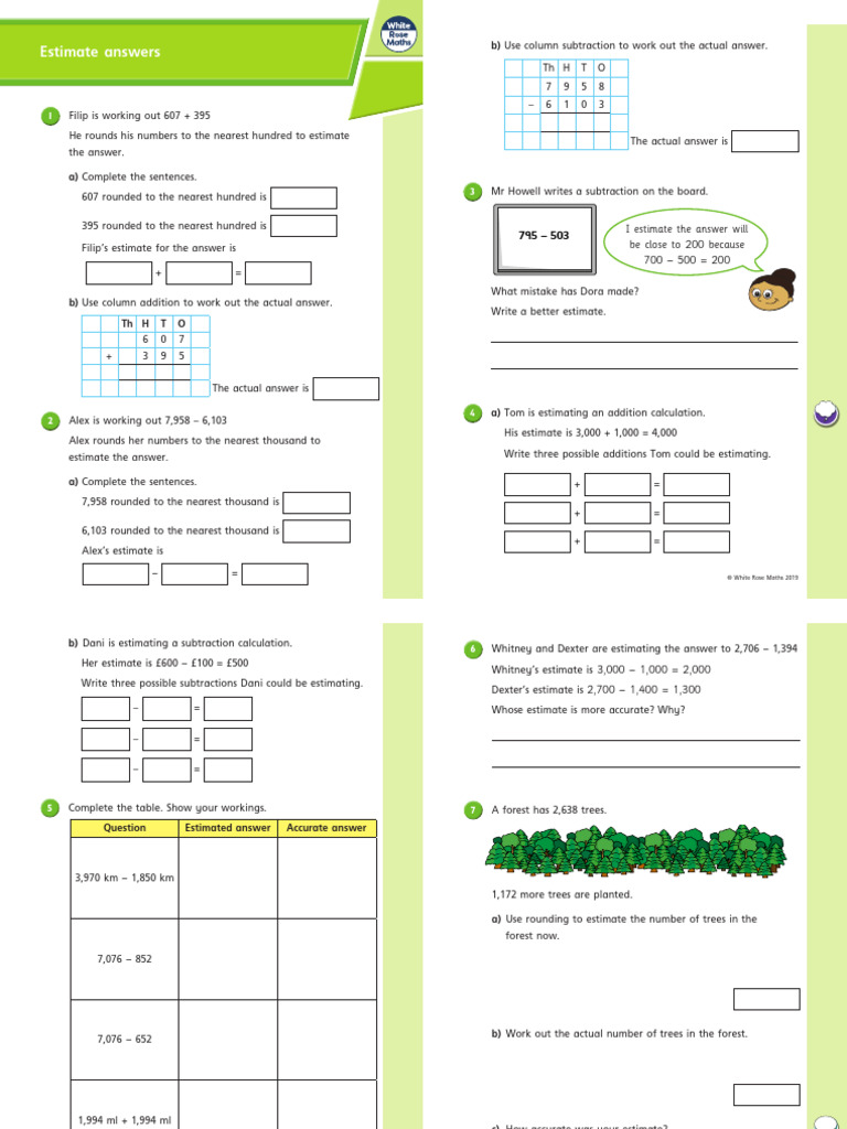 Lesson 1 Estimate Answers | PDF | Subtraction | Arithmetic