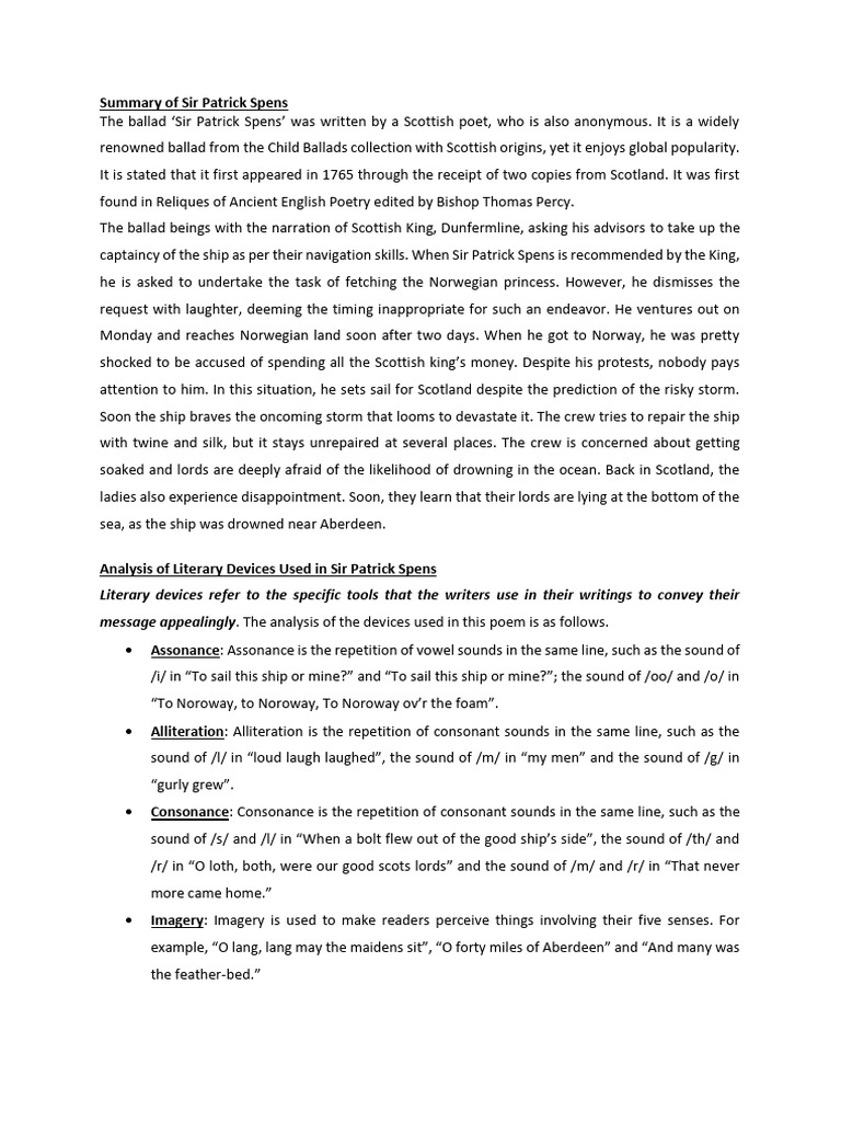 Analysis of Sir Patrick Spens Ballad | PDF | Poetry | Ballad