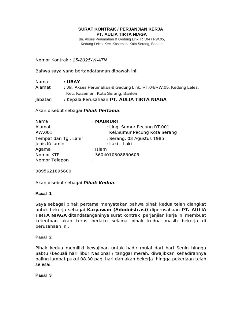 Surat Kontrak Kerja MBR | PDF