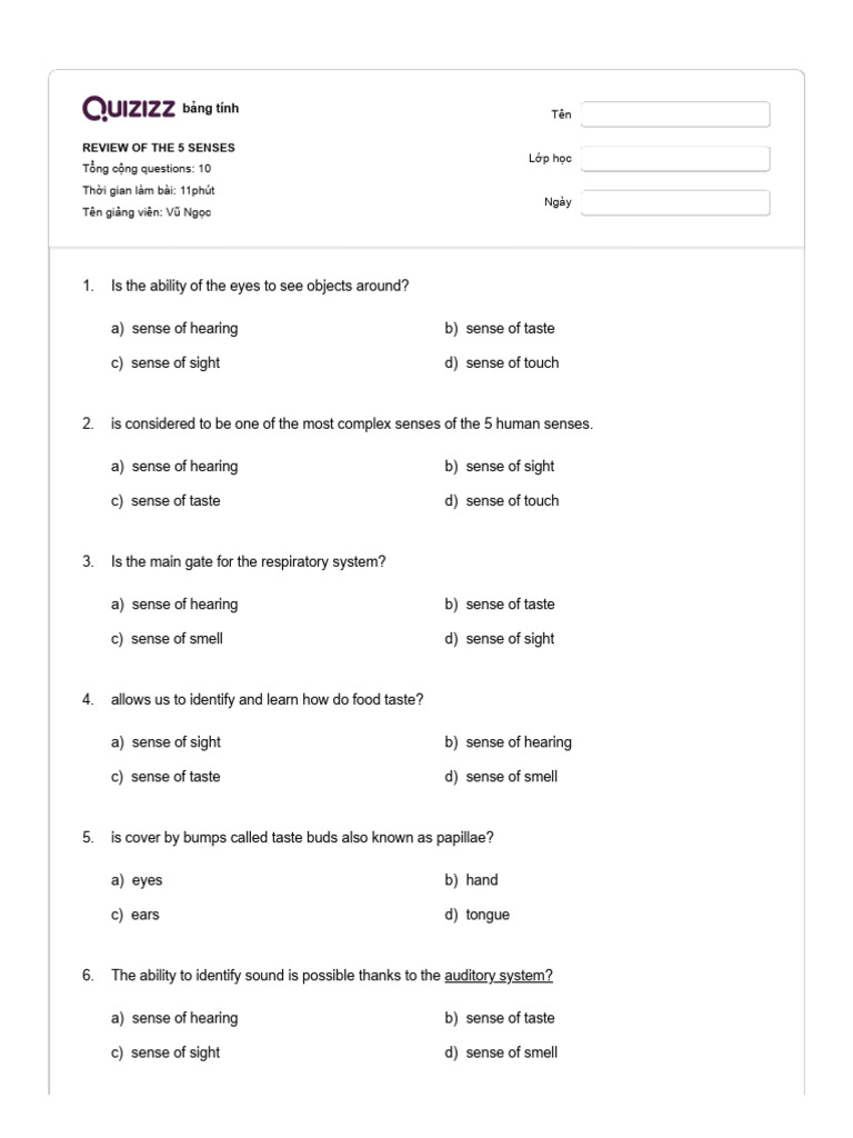 Quizizz - Review of The 5 Senses | PDF