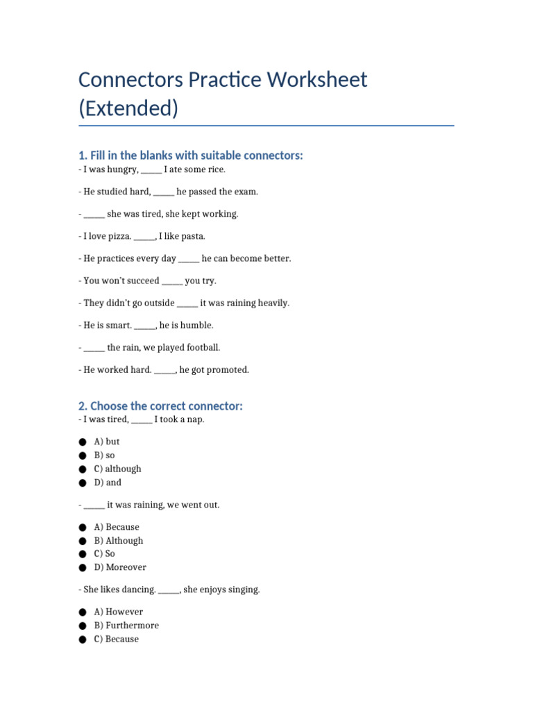 Connectors Practice Worksheet | PDF