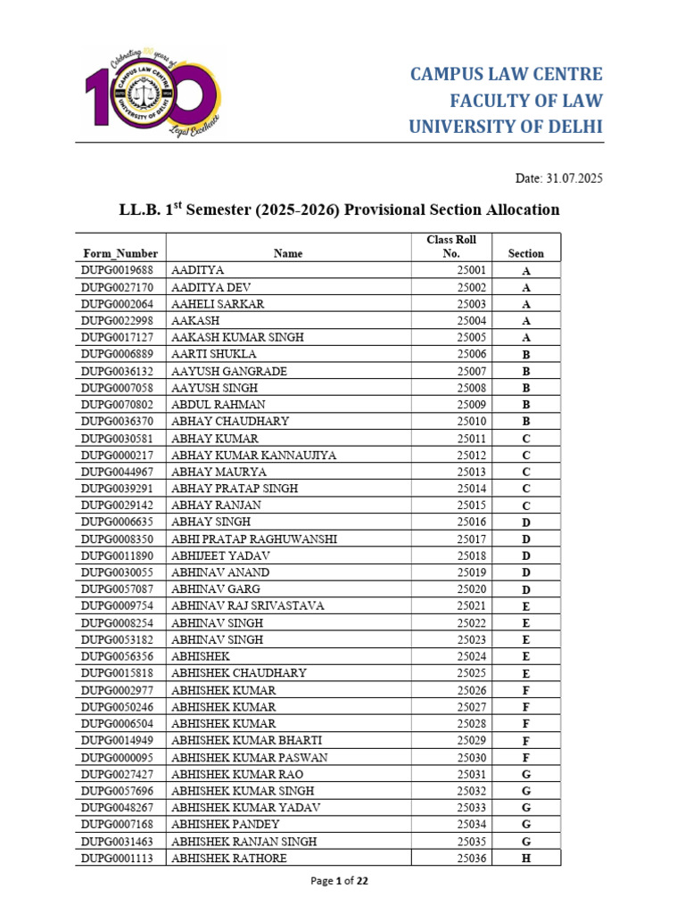 LL.B. 1st Semester (2025-2026) Provisional Section Allocation 31-07-2025 | PDF