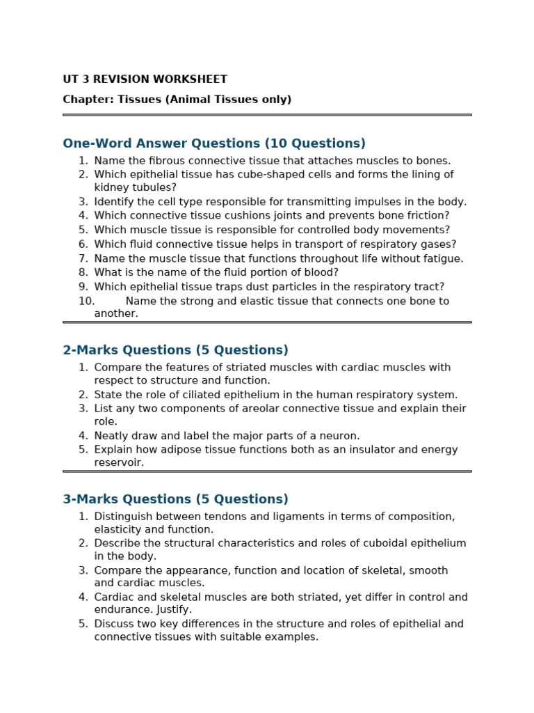 Class9 Animal Tissues Worksheet | PDF | Connective Tissue | Tissue ...