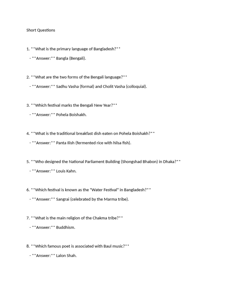 Cultural Question and MCQ (AI) | PDF | Bangladesh | South Asia