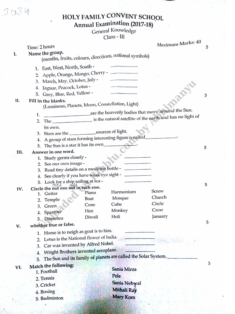 Class 3 General Knowledge Paper | PDF
