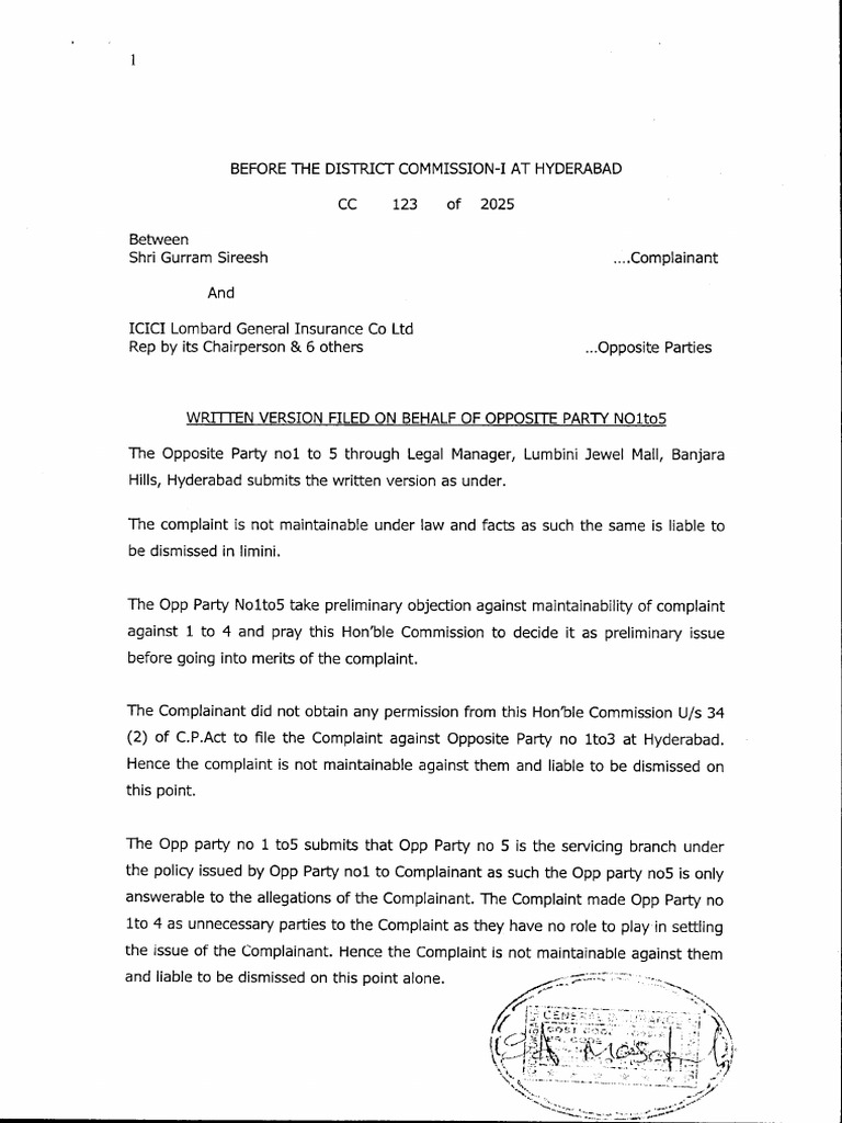 Written Version of OPs No. 1 To 5 Insurance Company | PDF