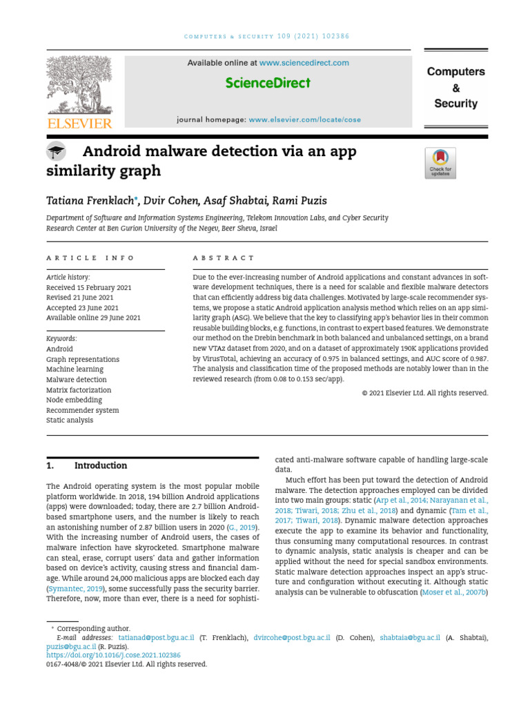 Android Malware Detection Via An App Similarity Gra 2021 Computers ...