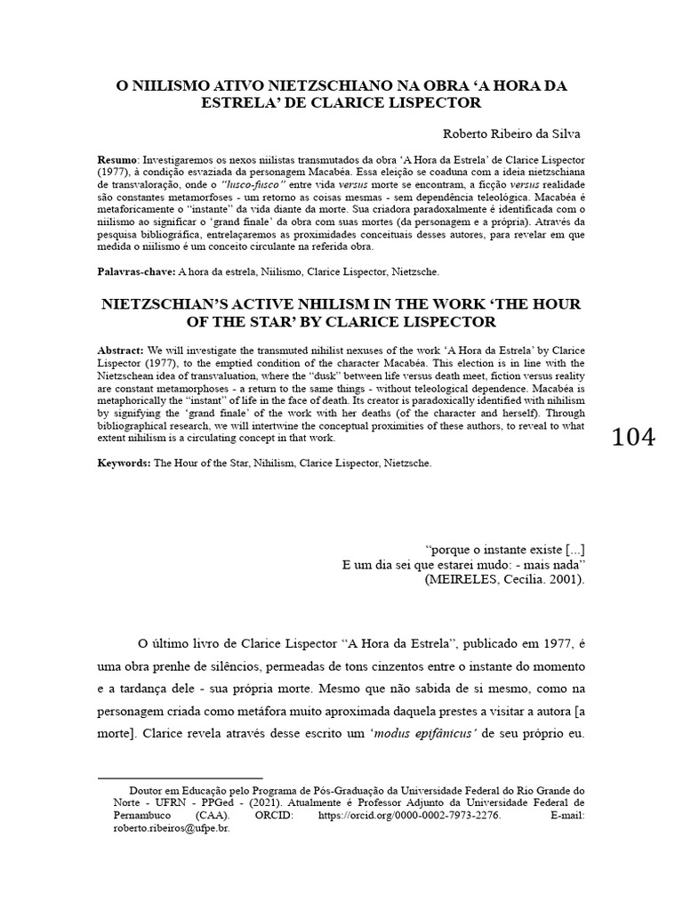 O Niilismo Ativo Nietzschiano Na Obra A Hora Da Estrela' de Clarice ...