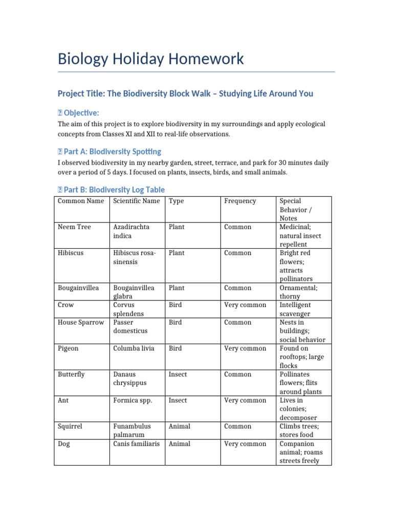 Biology Holiday Homework Biodiversity Block Walk | PDF | Zoology | Biology