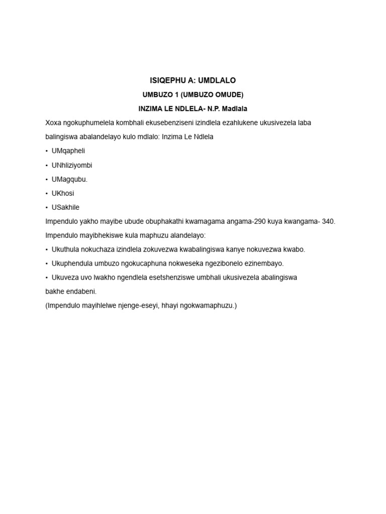 Inzima Le Ndlela Questions Part 1 | PDF