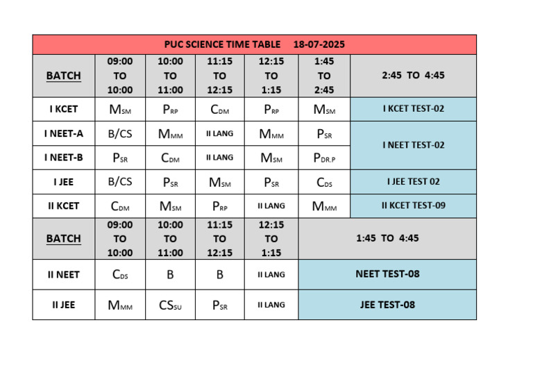 Science Time Table-18!07!25 | PDF