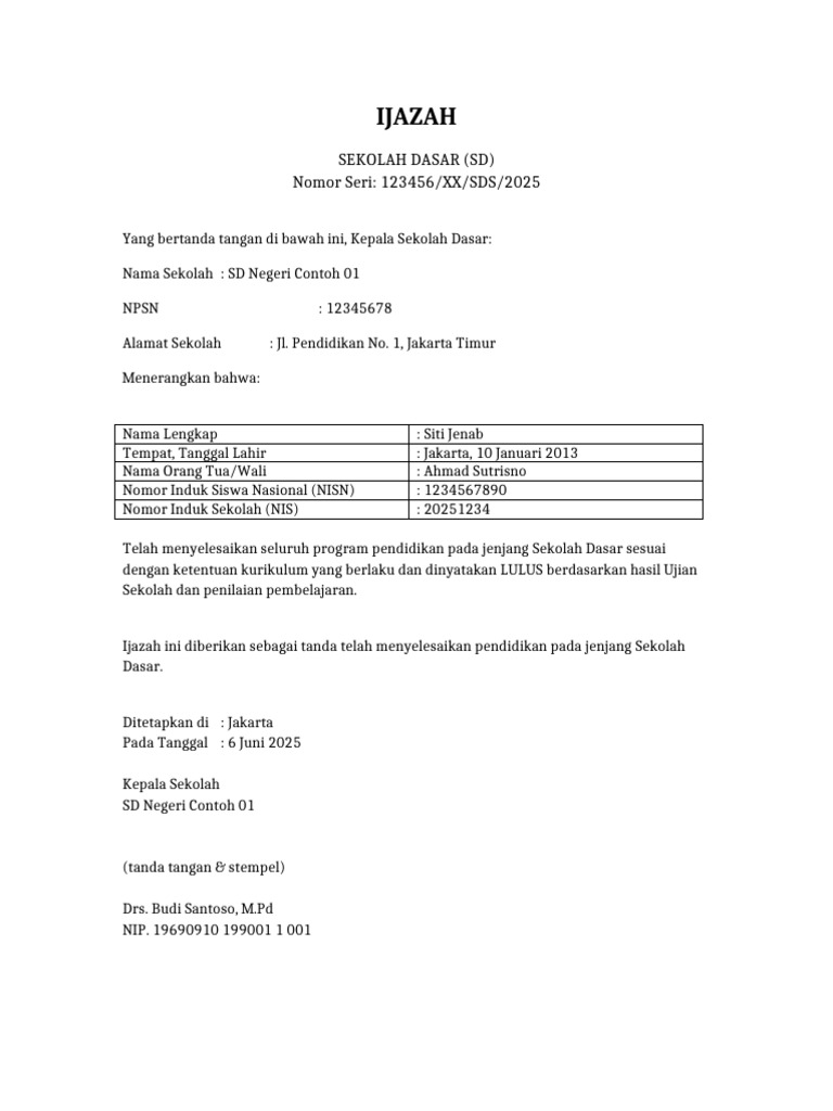 Ijazah Lulus SD Siti Jenab 2025 | PDF