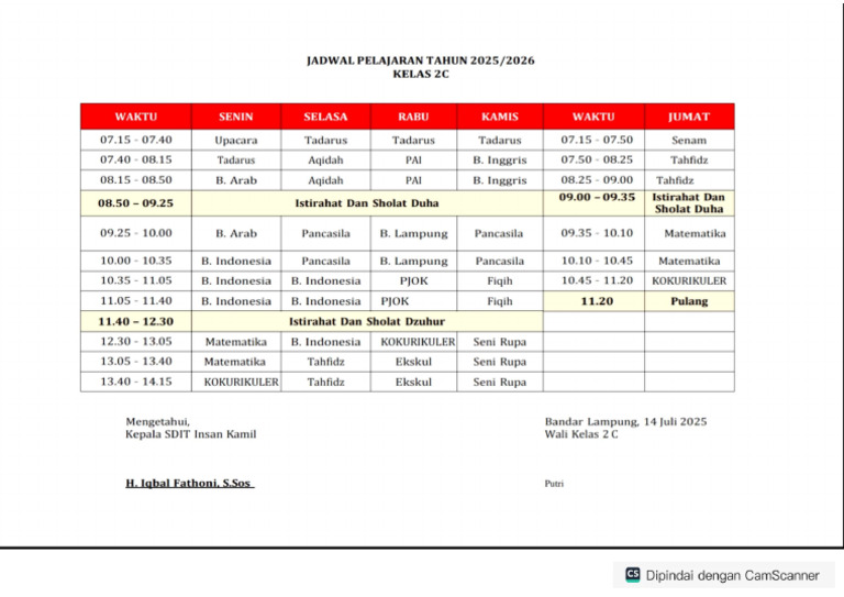 Jadwal Pelajaran Kelas 2C TP 2025-2026 | PDF