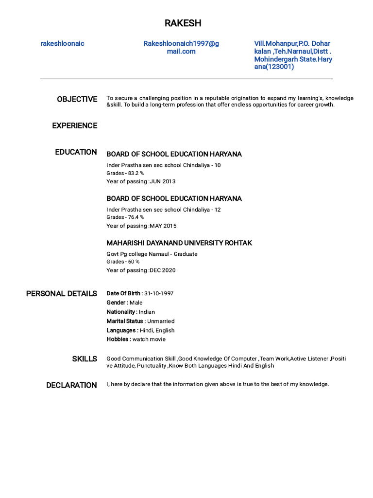 Rakesh: Objective Experience Education | PDF