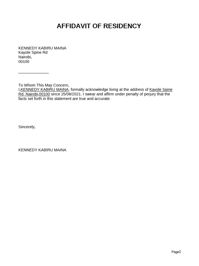 Affidavit of Residency (Proof of Residency Letter) PDF | PDF