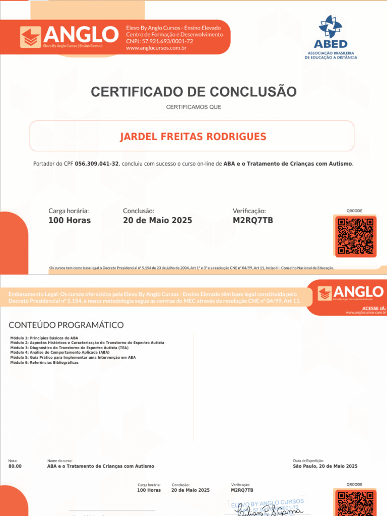 Certificado de Curso em ABA e Autismo | PDF