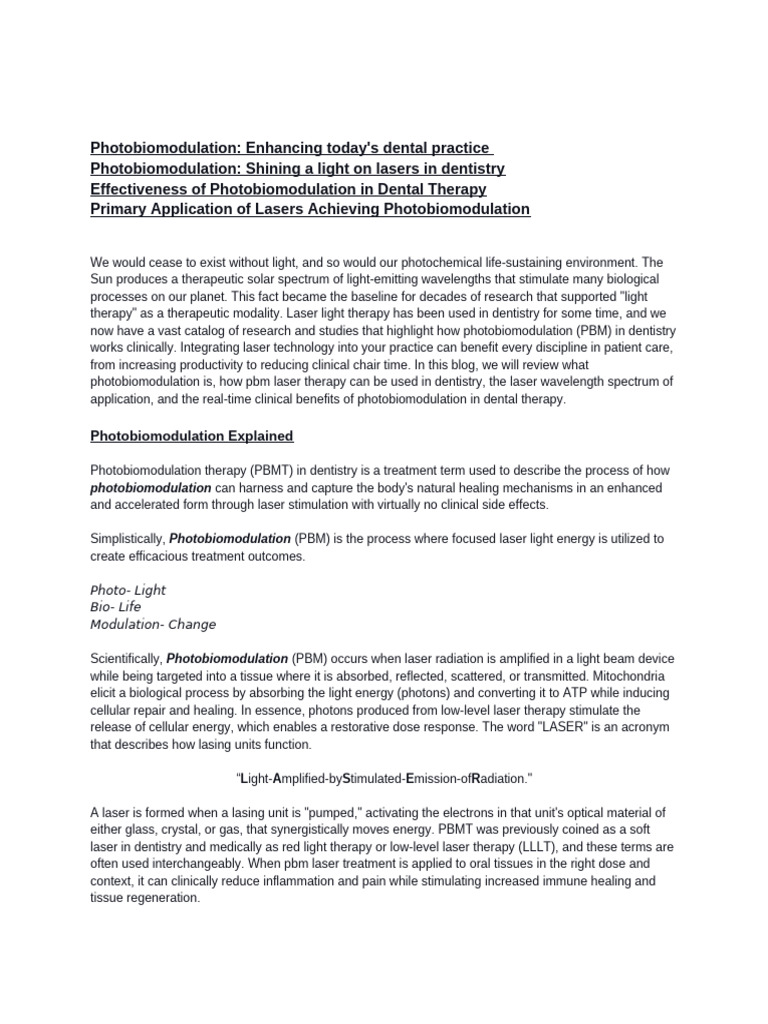 Photobiomodulation in Dental Therapy | PDF | Laser | Medical Specialties