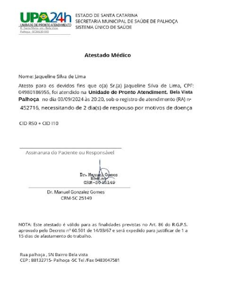 Atestado Medico em Palhoça Cid l10 | PDF