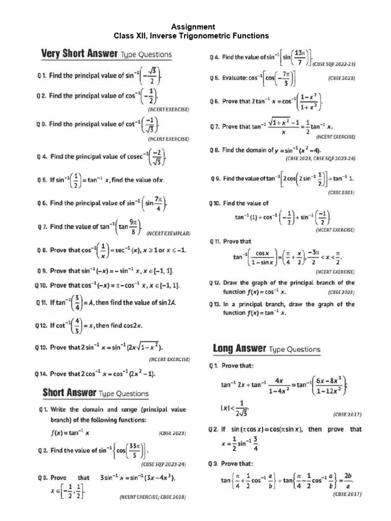 Inverse Trigonometric Functions Assignment | PDF