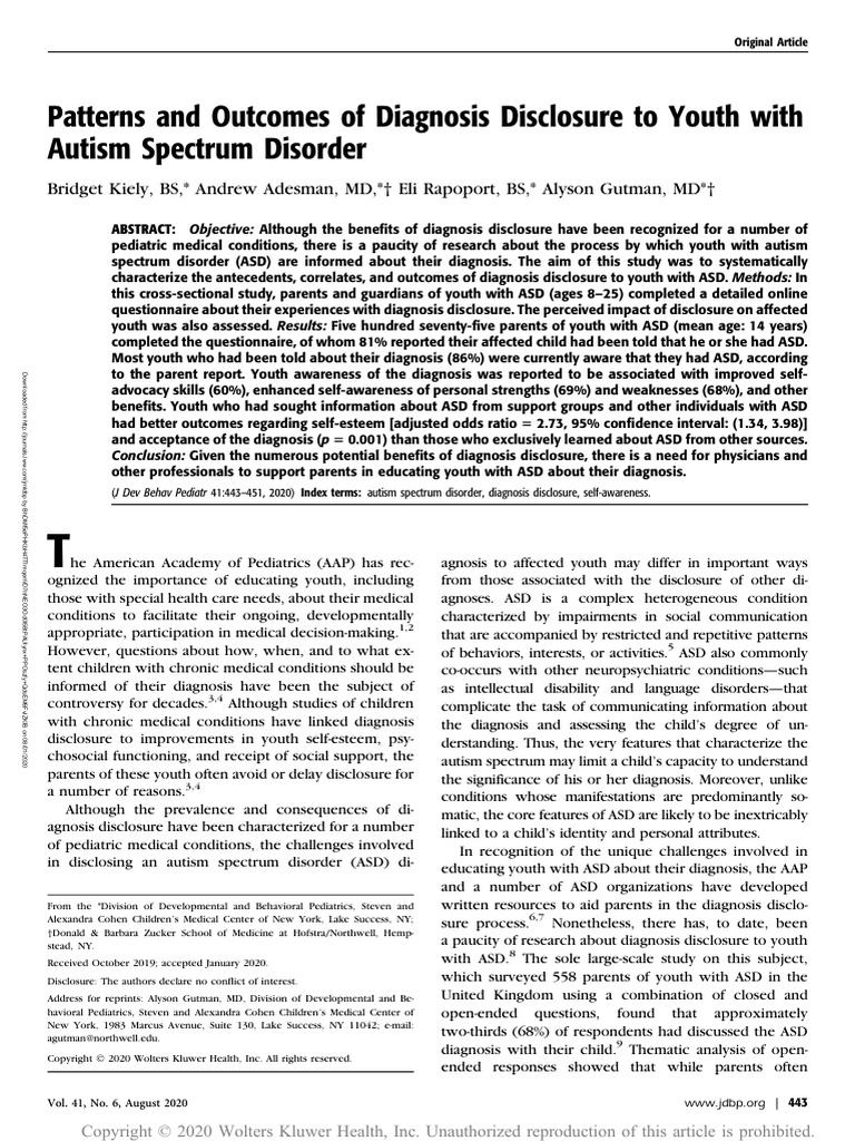 Diagnosis Disclosure in Youth with ASD | PDF | Autism | Intellectual ...