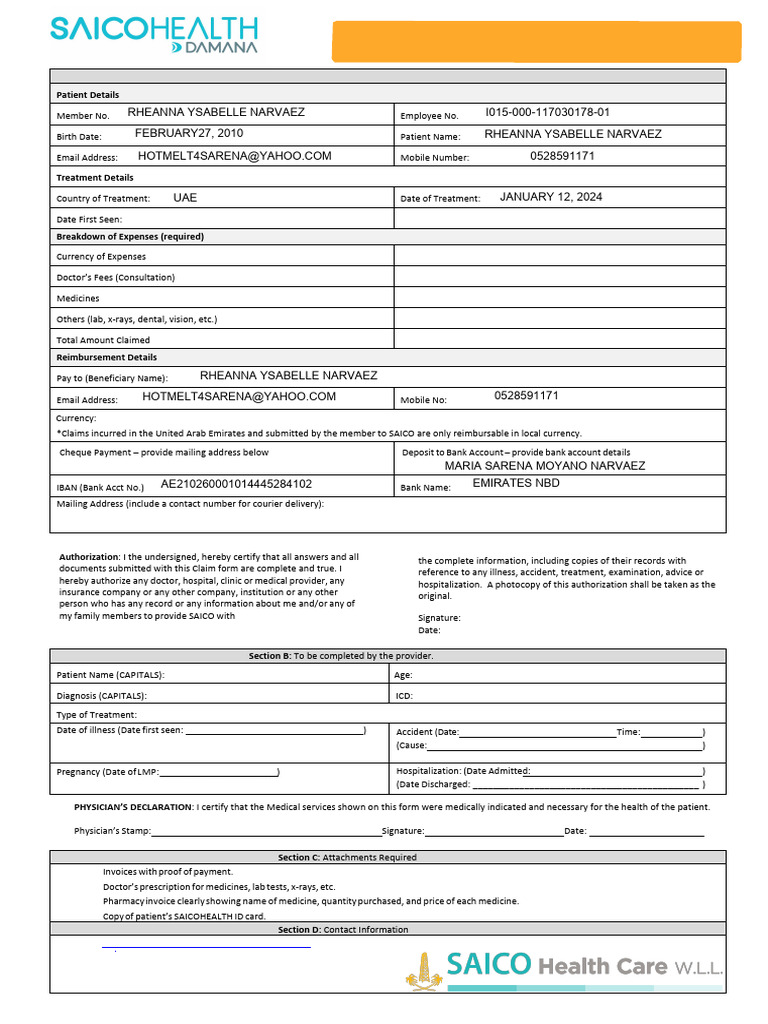 SAICO Health Insurance Claim Form | PDF | Payments | Physician