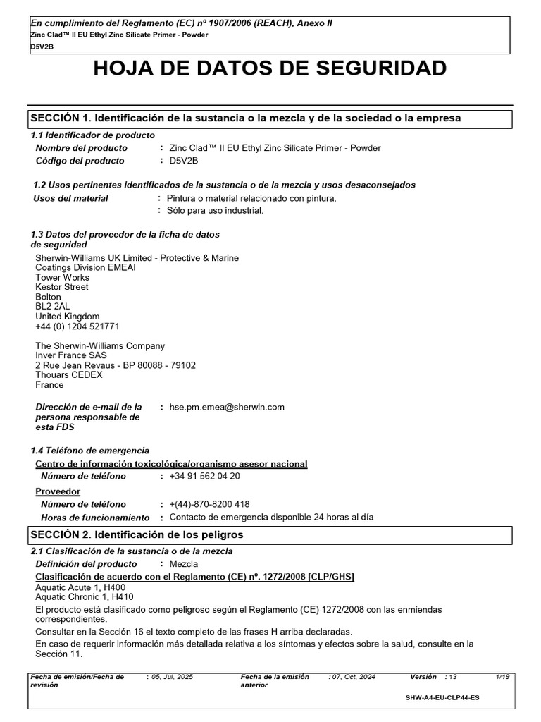 Ficha de Seguridad Zinc Clad™ II EU | PDF | Agua | Combustión