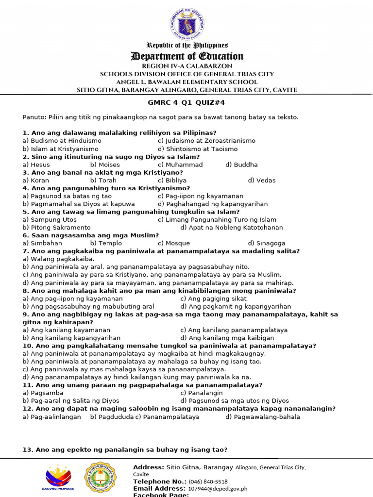 GMRC Quiz #4 Quarter 1 | PDF