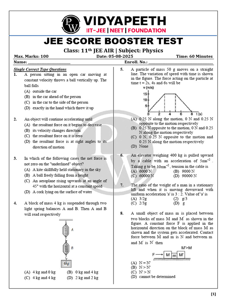 JEE Physics Score Booster Test 2025 | PDF | Force | Mass