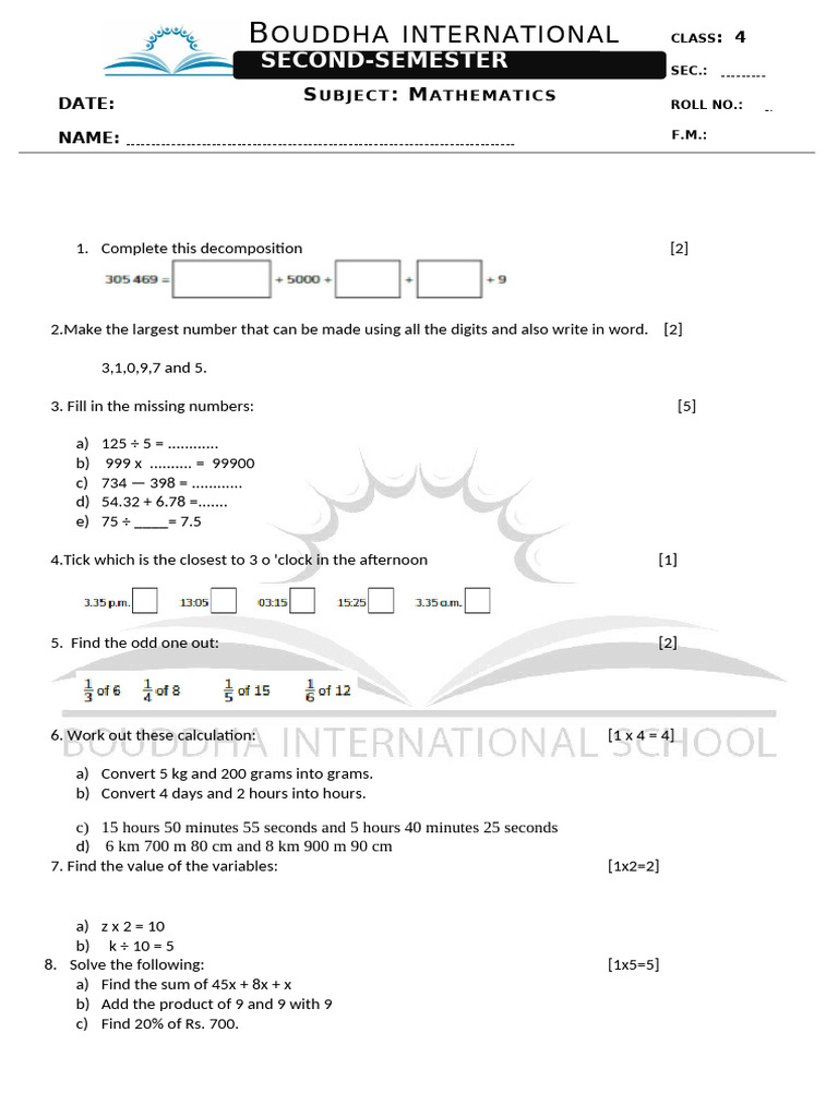G-4 Math 2nd Semester Question | PDF