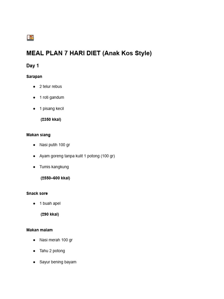 Rencana Makan Diet 1 Minggu Anak Kos | PDF | Convenience Food ...