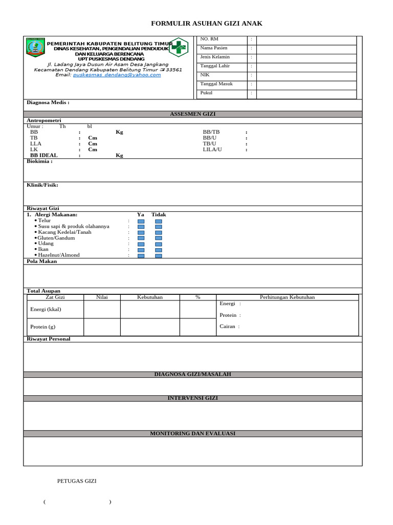 Formulir Asuhan Gizi Pada Anak | PDF