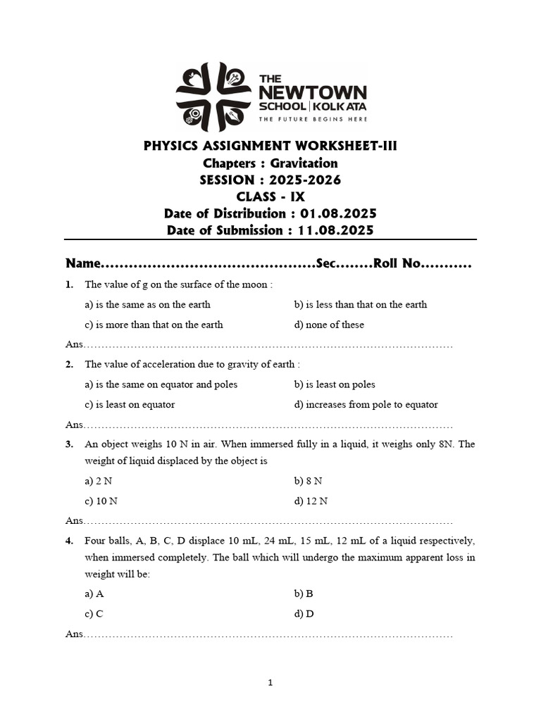 Physics Assignment Worksheet III IX 25 26 | PDF | Gravity | Physical ...