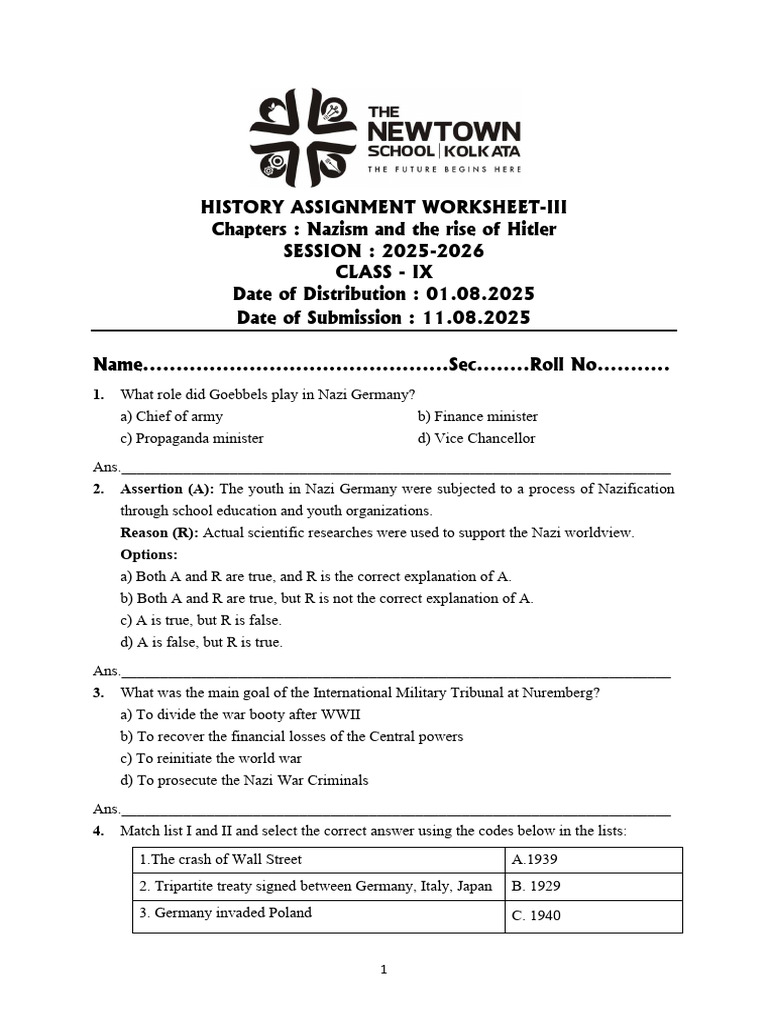 History Assignment Worksheet III IX 25 26 | PDF | Nazi Germany | Nazism
