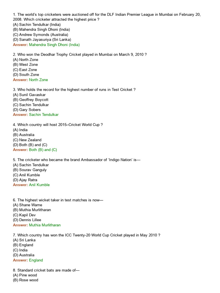 Cricket Quiz Questions and Answers | PDF