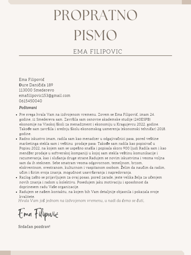 Propratno Pismo Ema Filipović | PDF