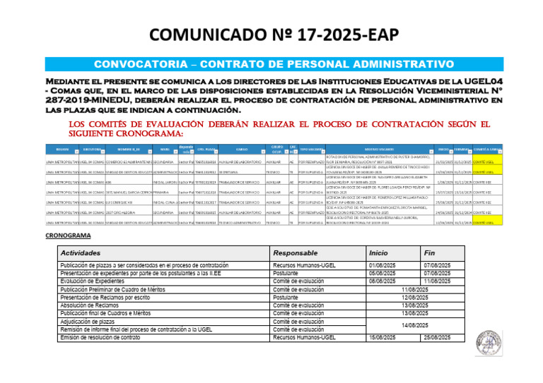 Comunicado n 017 2025 Convocatoria 01082025 | PDF